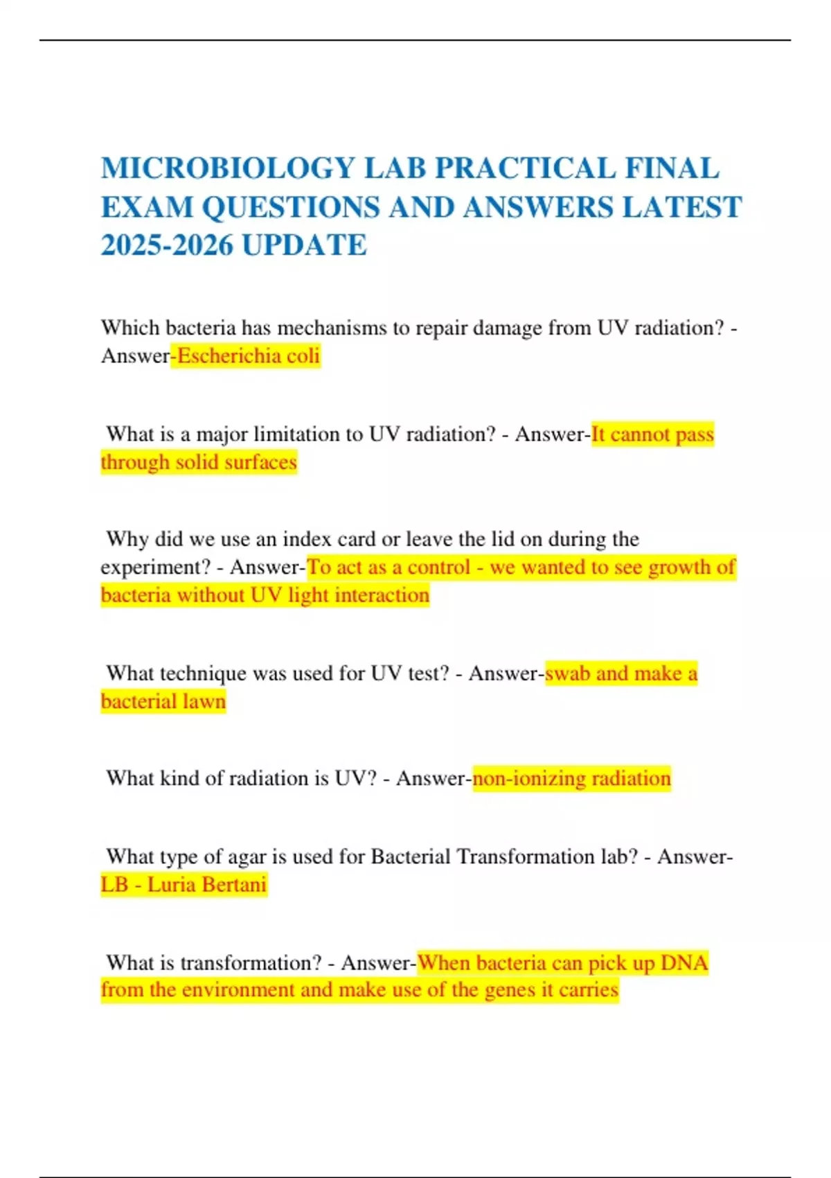 MICROBIOLOGY LAB PRACTICAL FINAL EXAM QUESTIONS AND ANSWERS LATEST ...