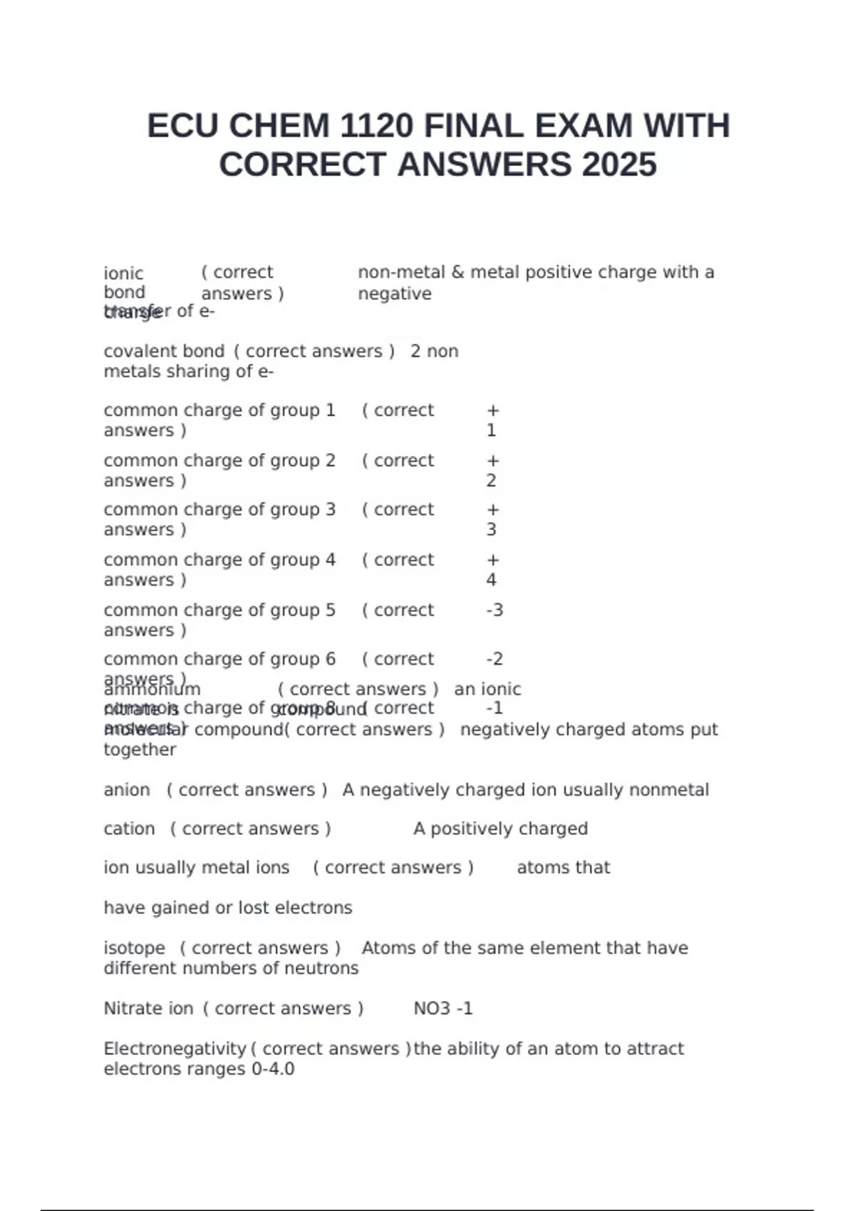 ECU CHEM 1120 BUNDLED EXAMS 3 WITH CORRECT ANSWERS 2025 - Stuvia US
