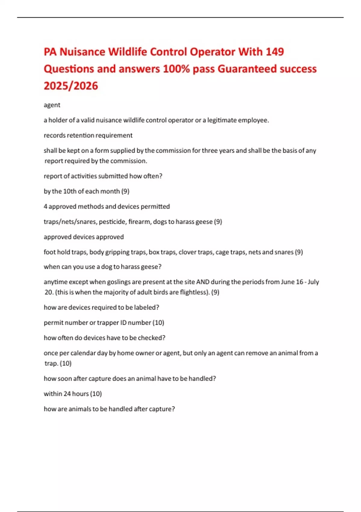 PA Nuisance Wildlife Control Operator With 149 Questions and answers ...