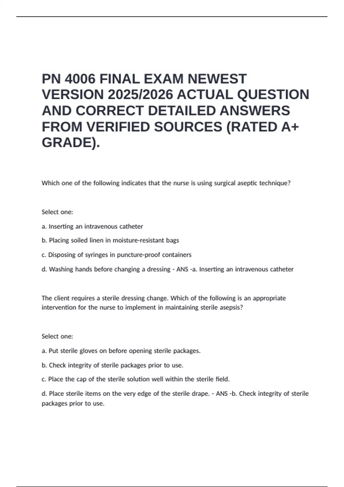 PN 4006 FINAL EXAM NEWEST VERSION 2025/2026 ACTUAL QUESTION AND CORRECT ...
