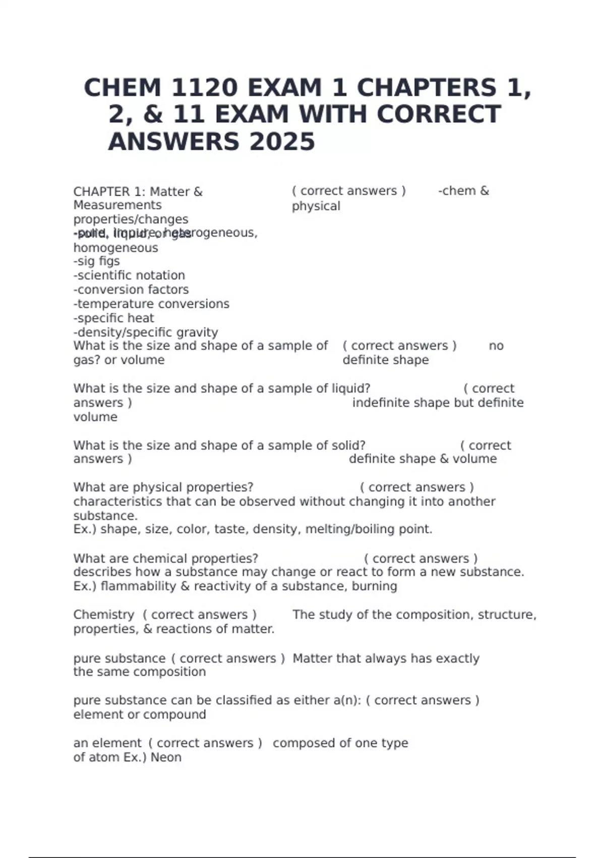 CHEM 1120 EXAM 1 CHAPTERS 1, 2, & 11 EXAM WITH CORRECT ANSWERS 2025 - CHEM 1120 - Stuvia US