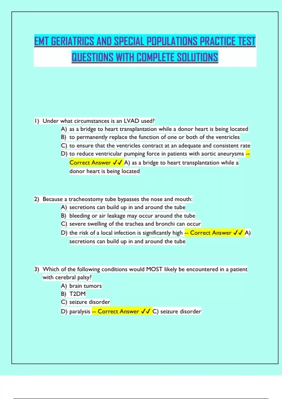 EMT GERIATRICS AND SPECIAL POPULATIONS PRACTICE TEST QUESTIONS WITH ...
