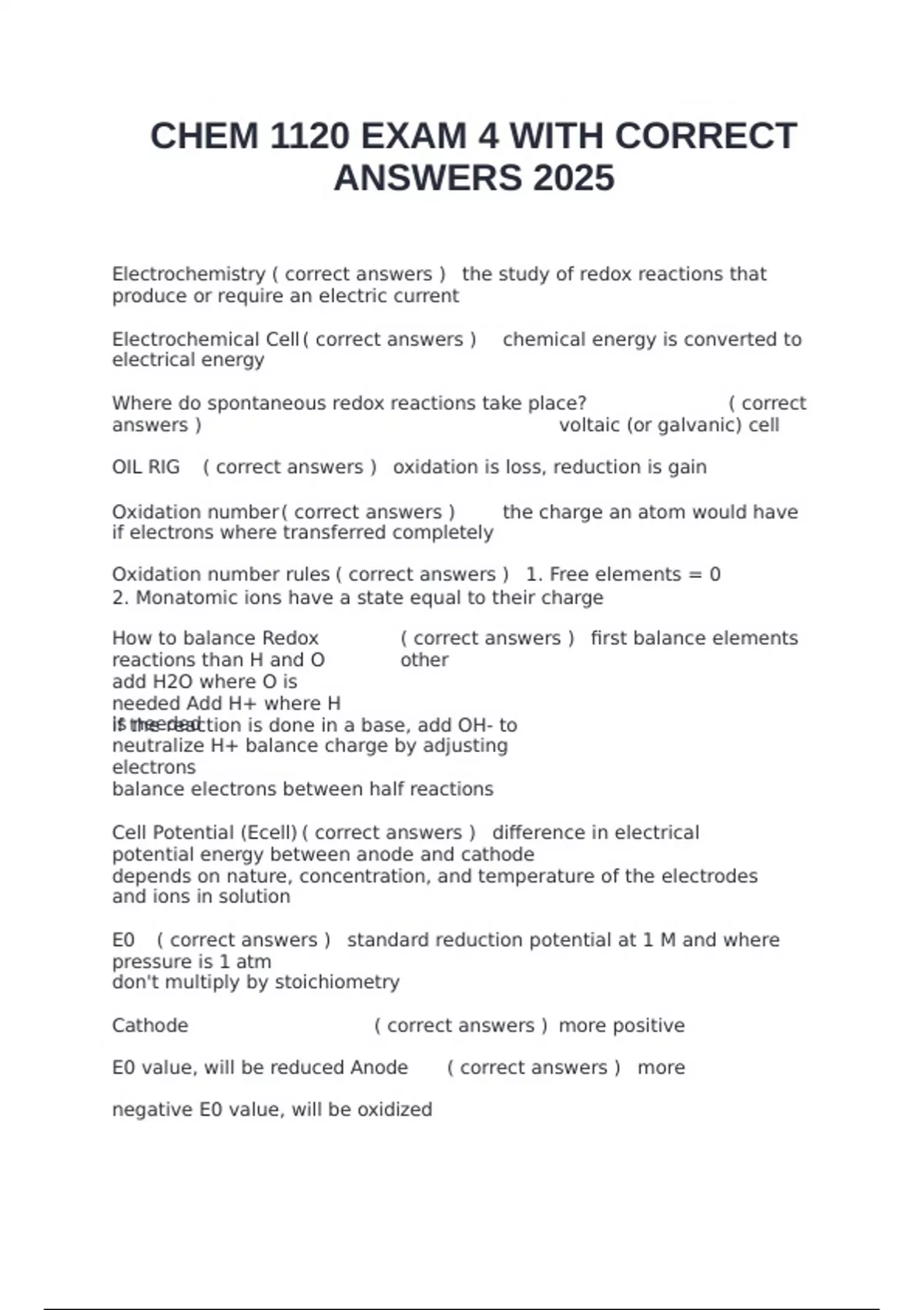 CHEM 1120 EXAM 4 WITH CORRECT ANSWERS 2025 - CHEM 1120 EXA - Stuvia US