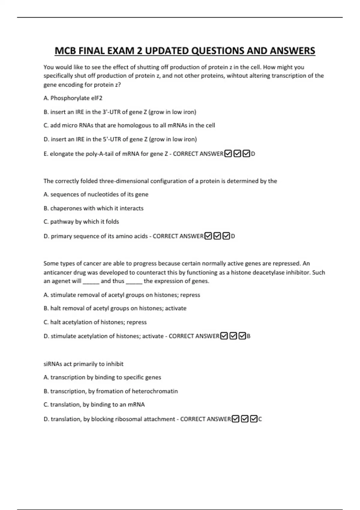 MCB FINAL EXAM 2 UPDATED QUESTIONS AND ANSWERS - MCB - Stuvia US