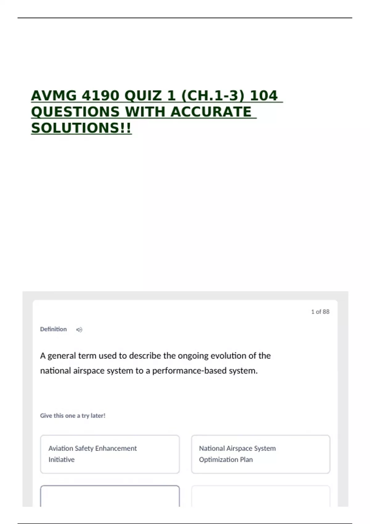 AVMG 4190 QUIZ 1 (CH.1-3) 104 QUESTIONS WITH ACCURATE SOLUTIONS ...