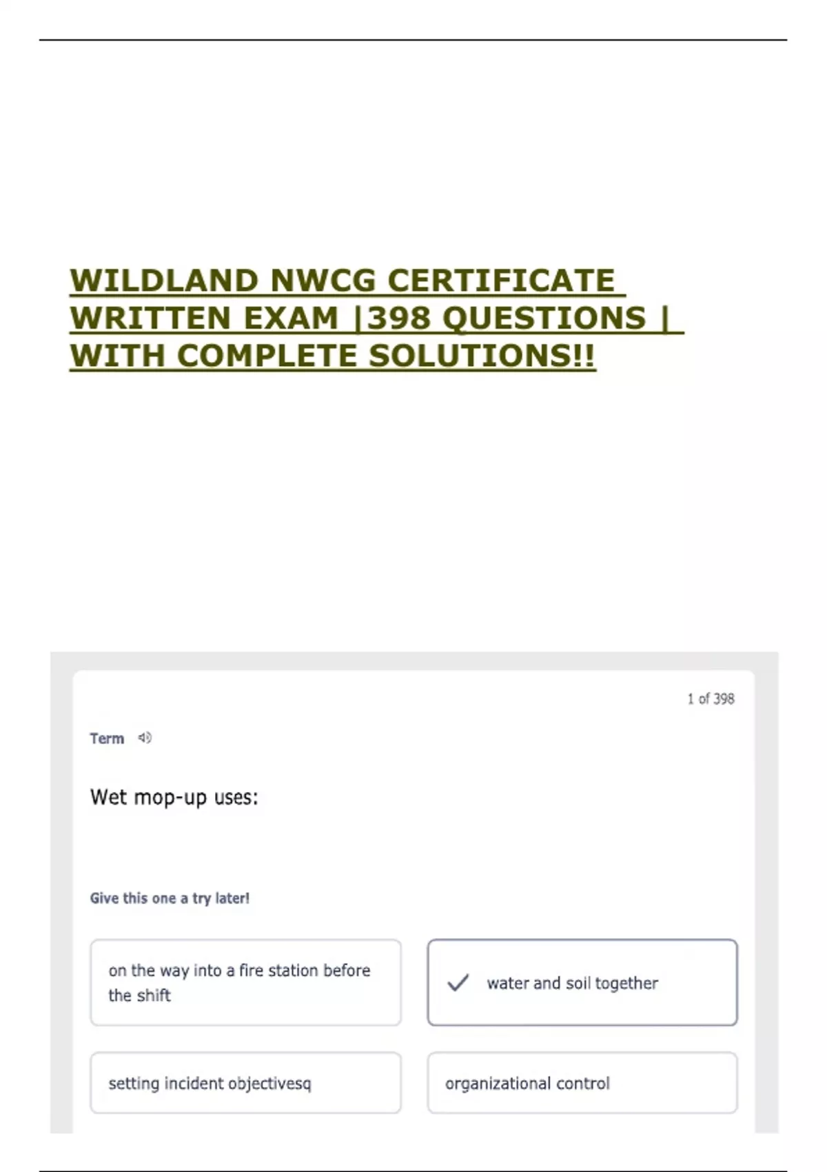 WILDLAND NWCG CERTIFICATE WRITTEN EXAM |398 QUESTIONS | WITH COMPLETE ...