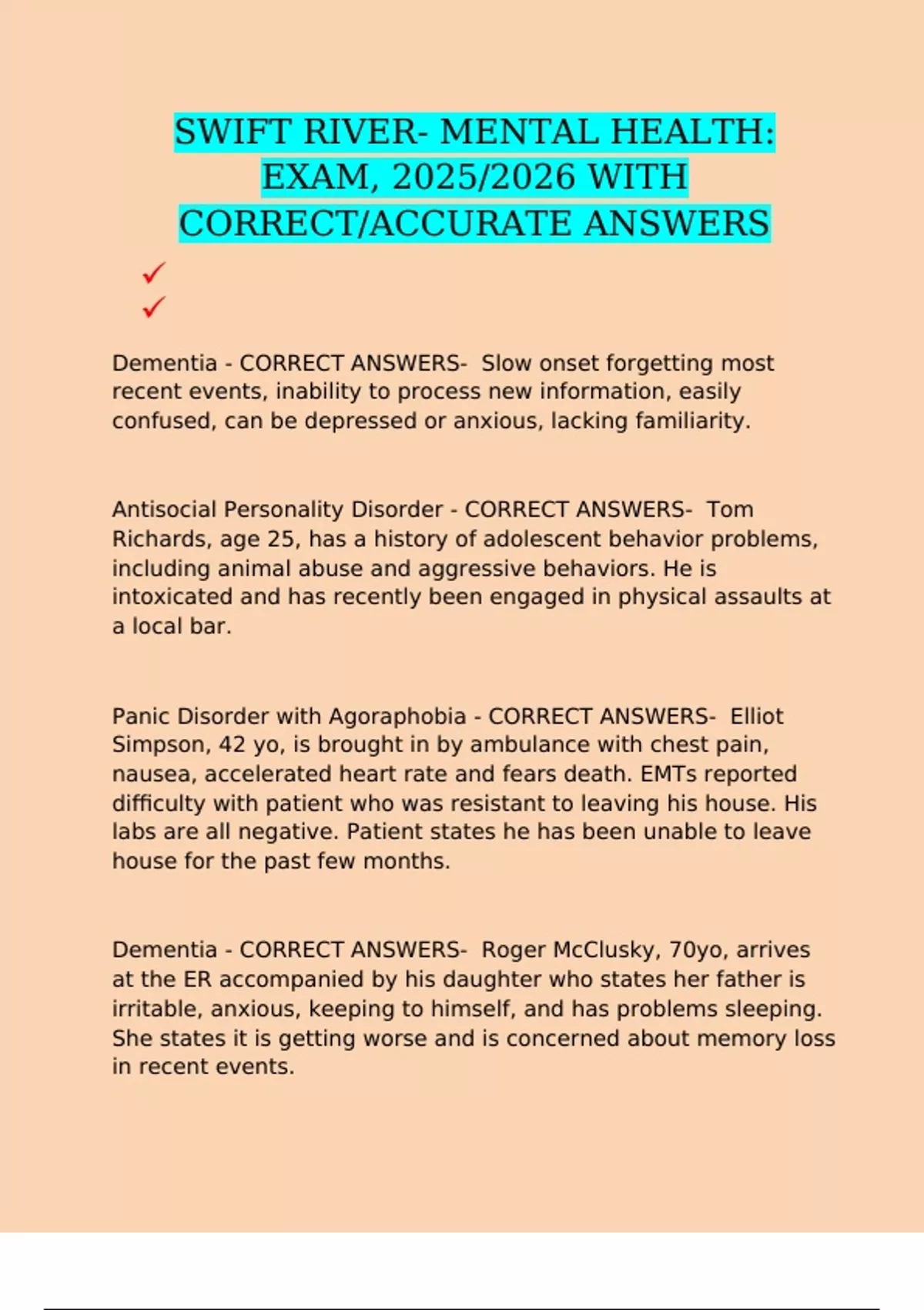 SWIFT RIVER- MENTAL HEALTH: EXAM, 2025/2026 WITH CORRECT/ACCURATE ...