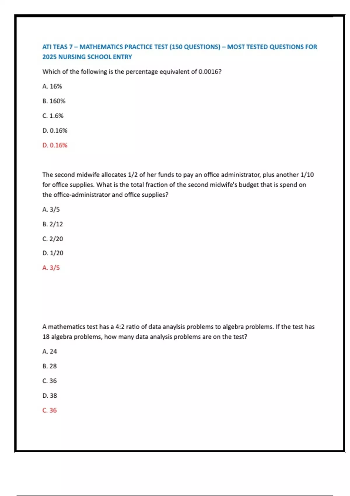 ATI TEAS 7 – MATHEMATICS PRACTICE TEST (150 QUESTIONS) – MOST TESTED ...