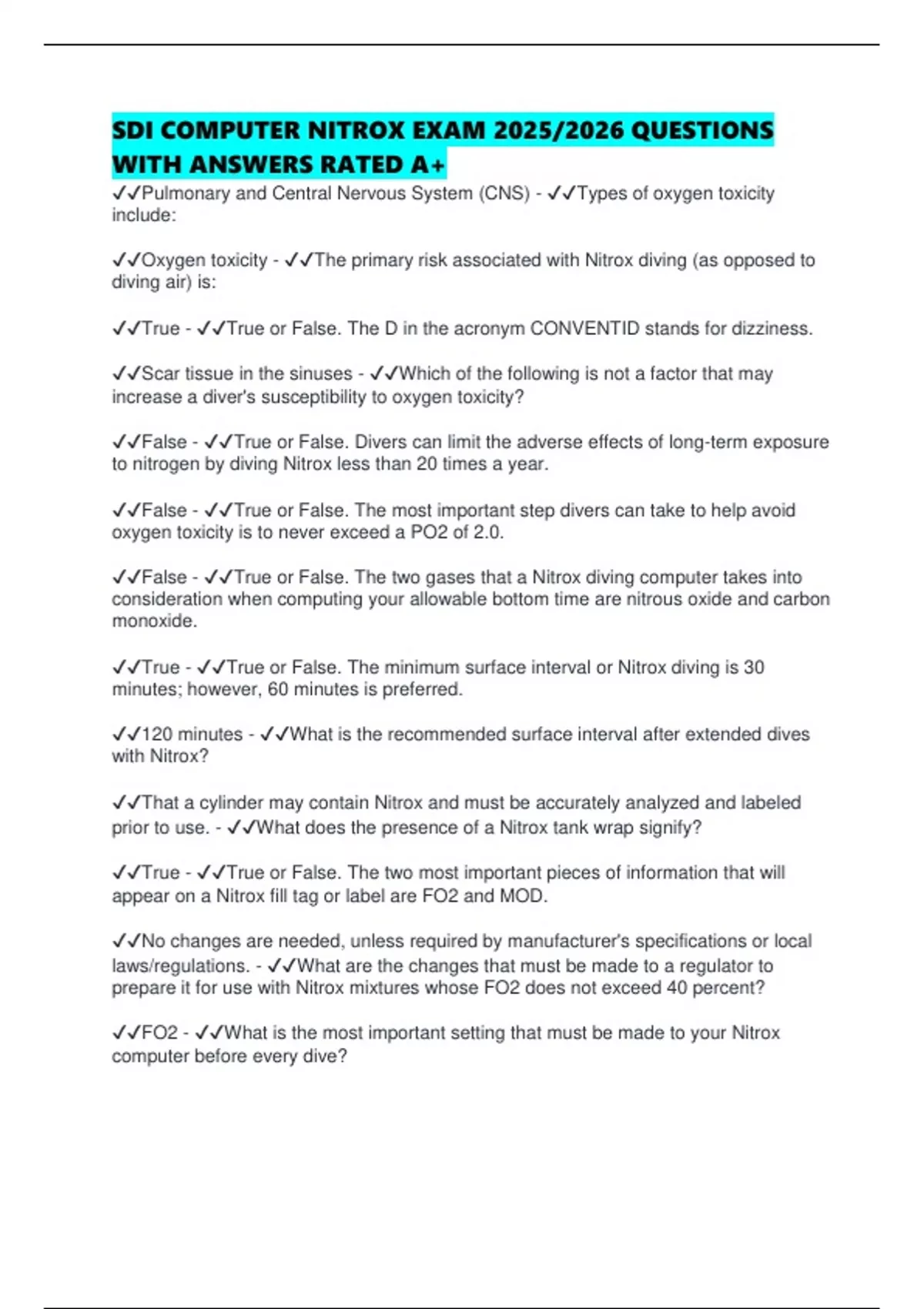 SDI COMPUTER NITROX EXAM 2025/2026 QUESTIONS WITH ANSWERS RATED A+ ...