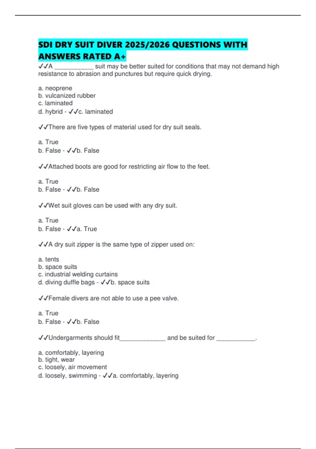 SDI DRY SUIT DIVER 2025/2026 QUESTIONS WITH ANSWERS RATED A+ - SDI ...