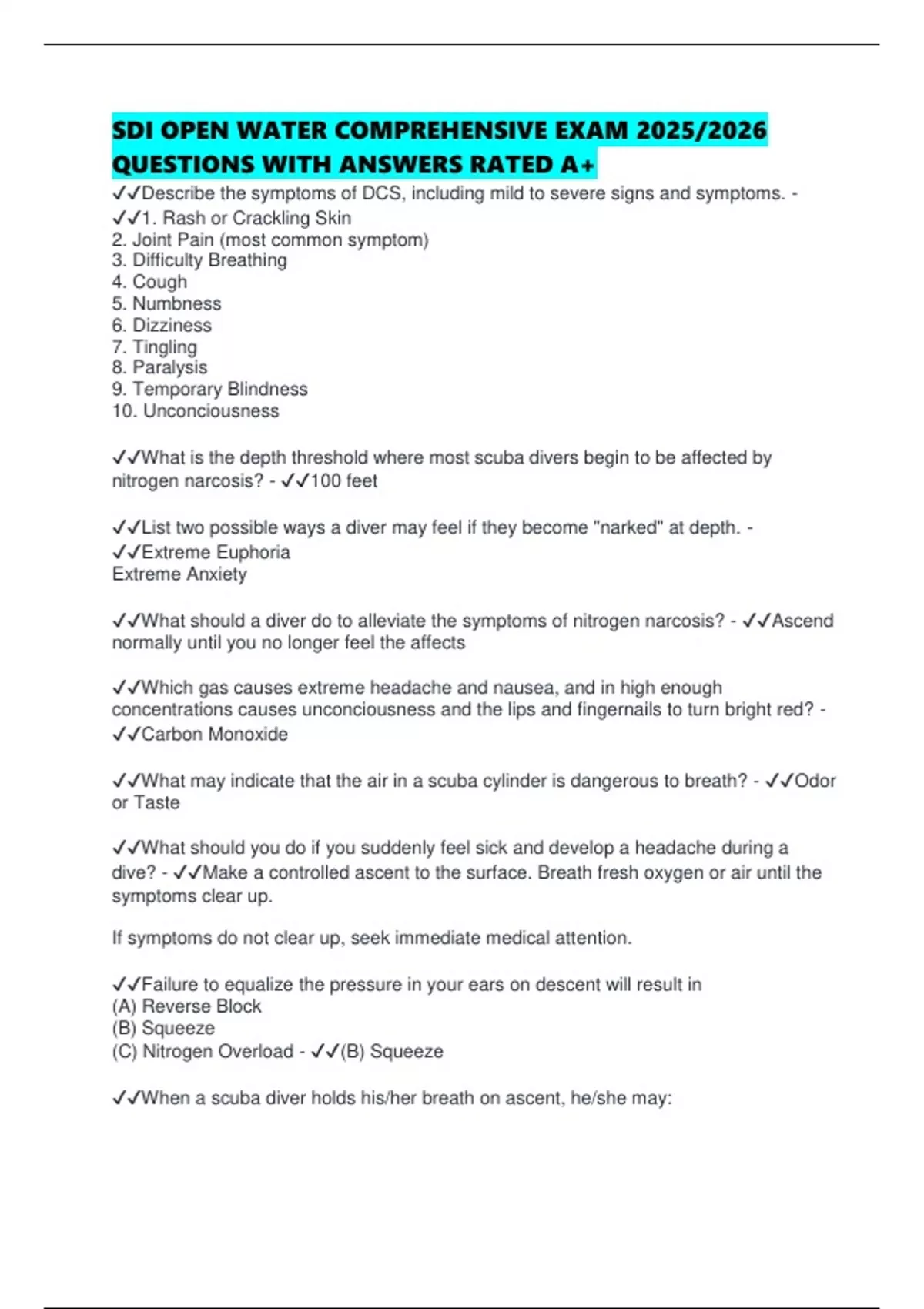 SDI OPEN WATER COMPREHENSIVE EXAM 2025/2026 QUESTIONS WITH ANSWERS ...
