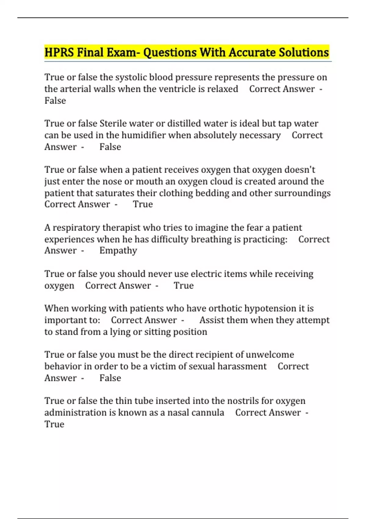 HPRS Final Exam- Questions With Accurate Solutions - HPRS - Stuvia US