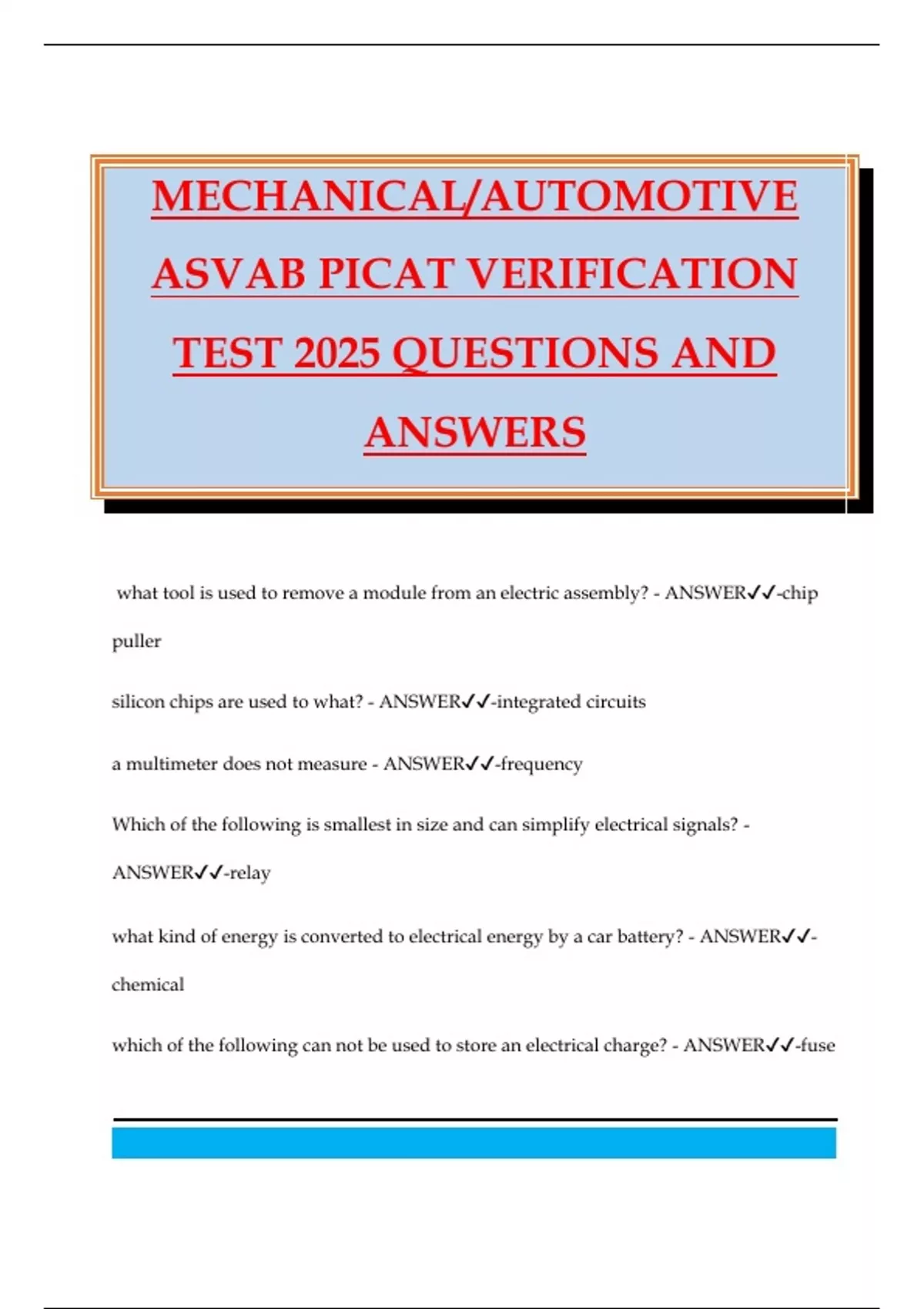MECHANICAL/AUTOMOTIVE ASVAB PICAT VERIFICATION TEST 2025 QUESTIONS AND ...
