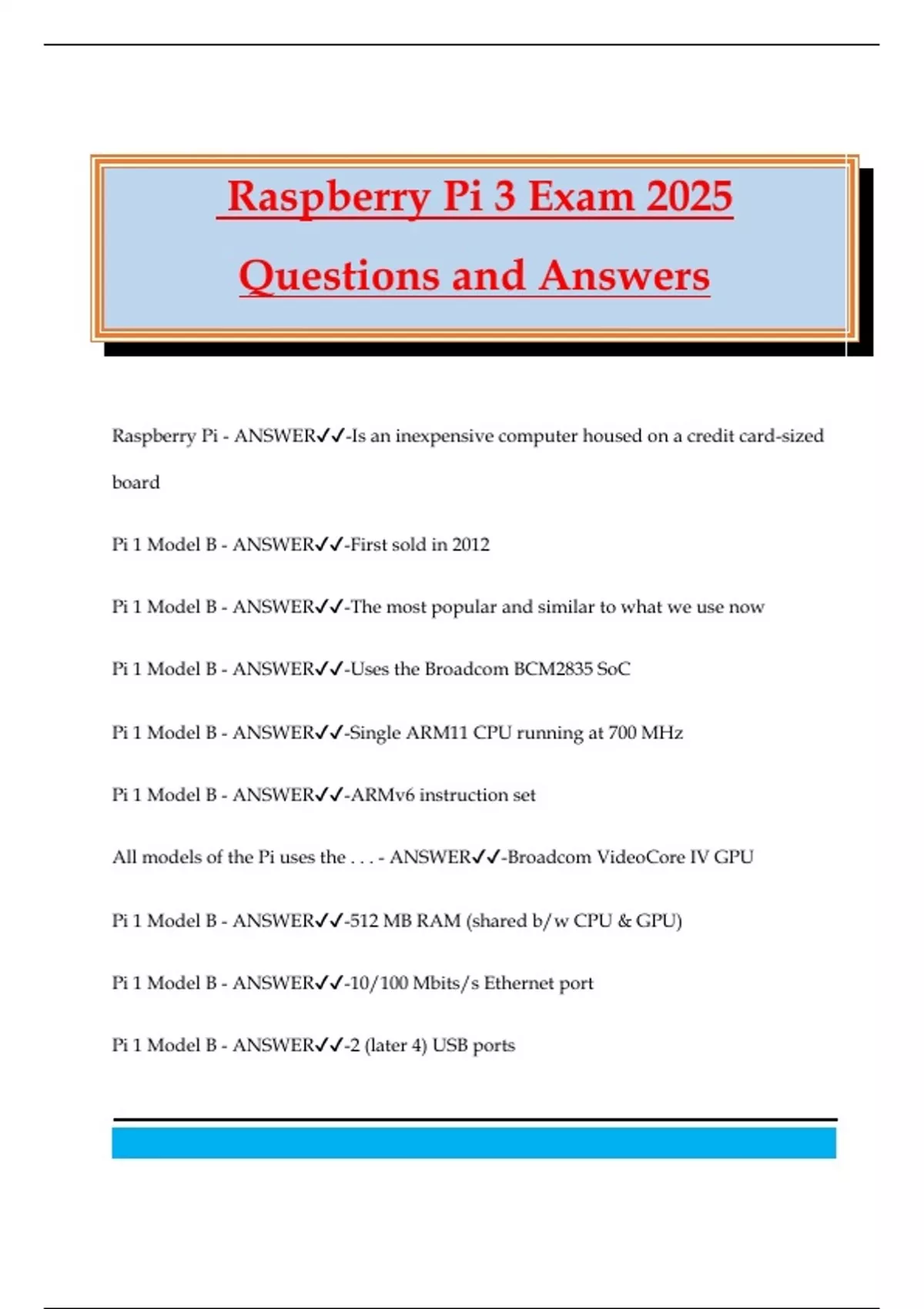 Raspberry Pi 3 Exam 2025 Questions and Answers - Raspberry Pi - Stuvia US