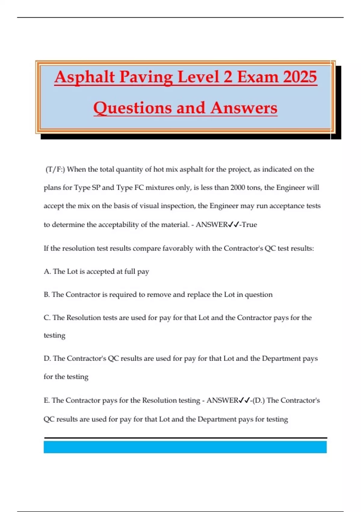 Asphalt Paving Level 2 Exam 2025 Questions and Answers - Fdot asphalt ...