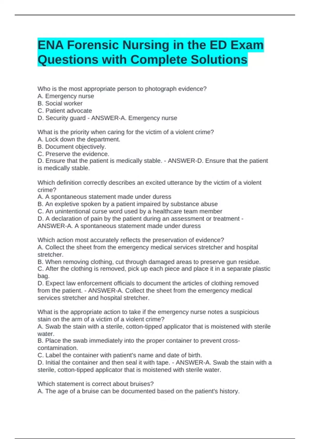 ENA Forensic Nursing in the ED Exam Questions with Complete Solutions - ENA - Stuvia US