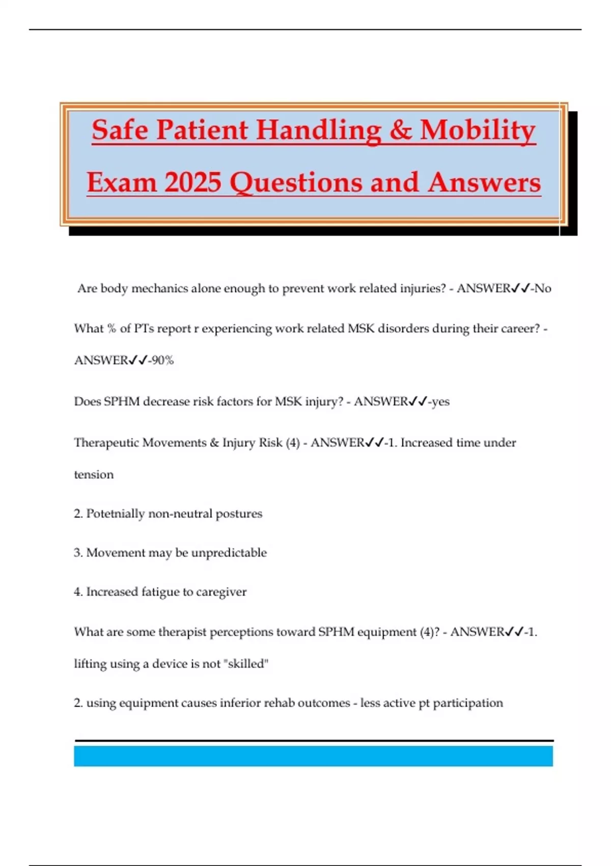 Safe Patient Handling & Mobility Exam 2025 Questions and Answers - Safe ...