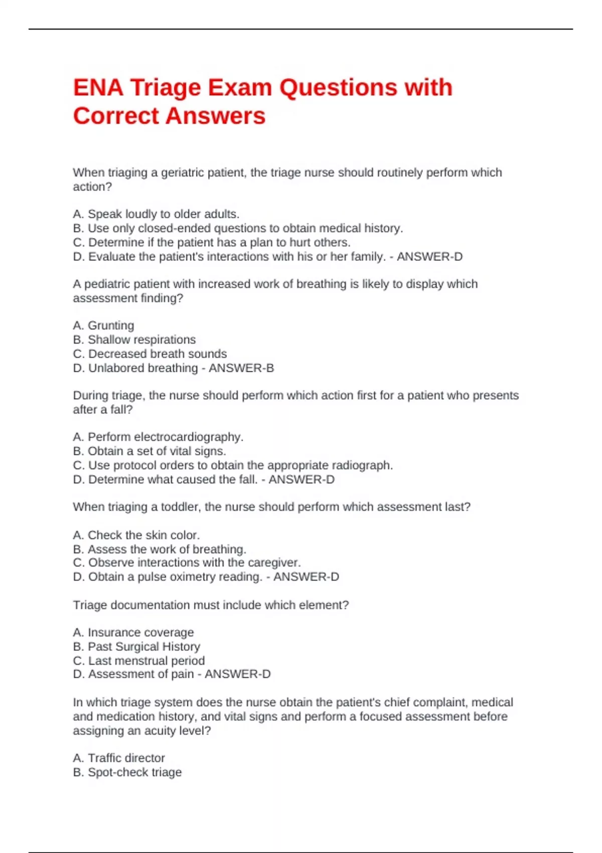 ENA Triage Exam Questions with Correct Answers - ENA - Stuvia US