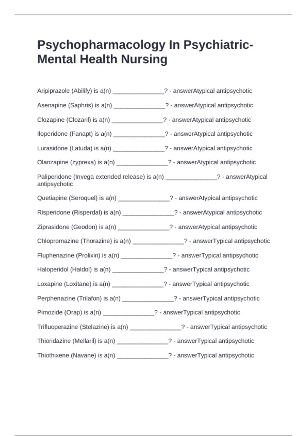 Psychopharmacology In Psychiatric-Mental Health Nursing Questions with ...