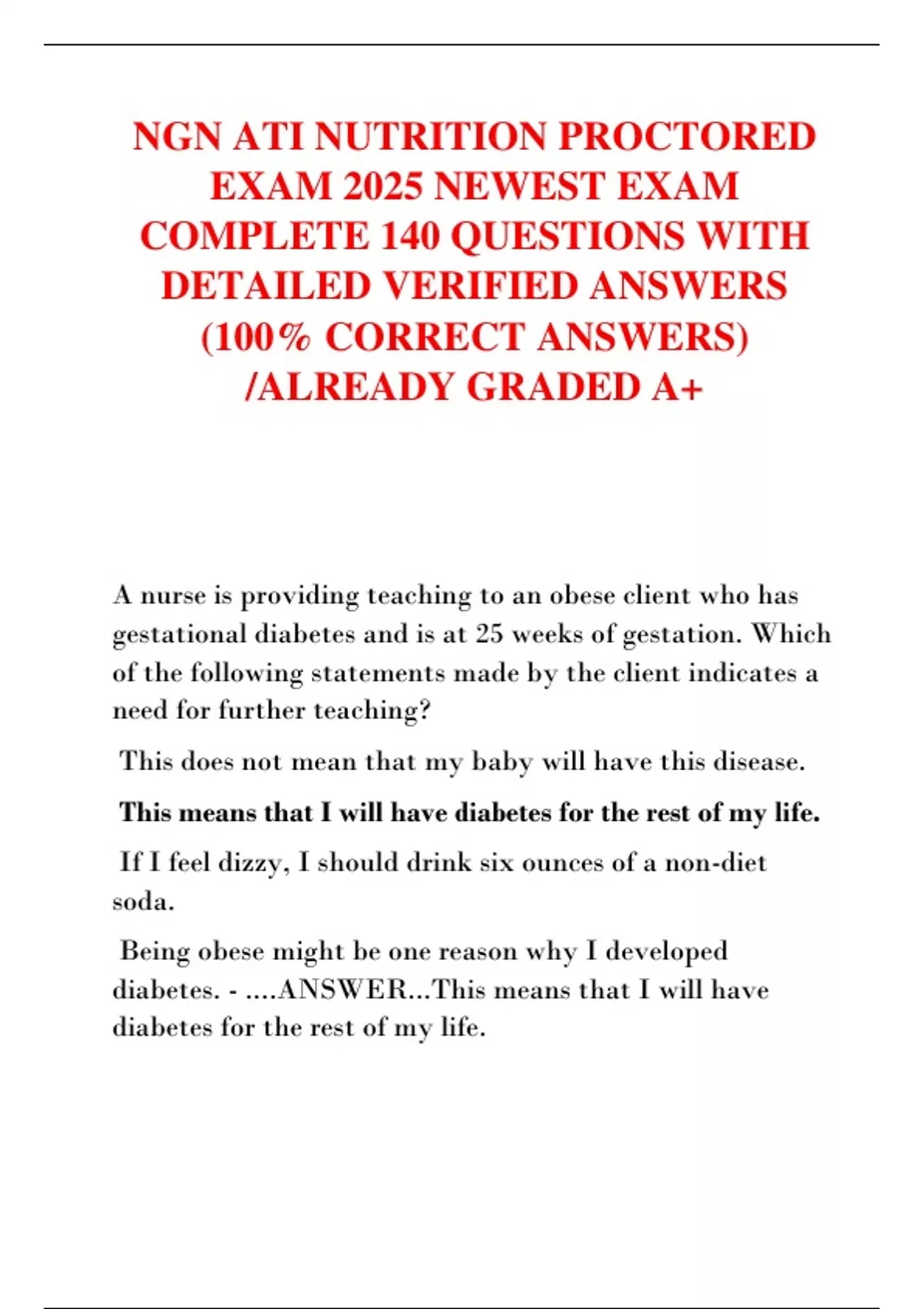 NGN ATI NUTRITION PROCTORED EXAM 2025 NEWEST EXAM COMPLETE 140 ...