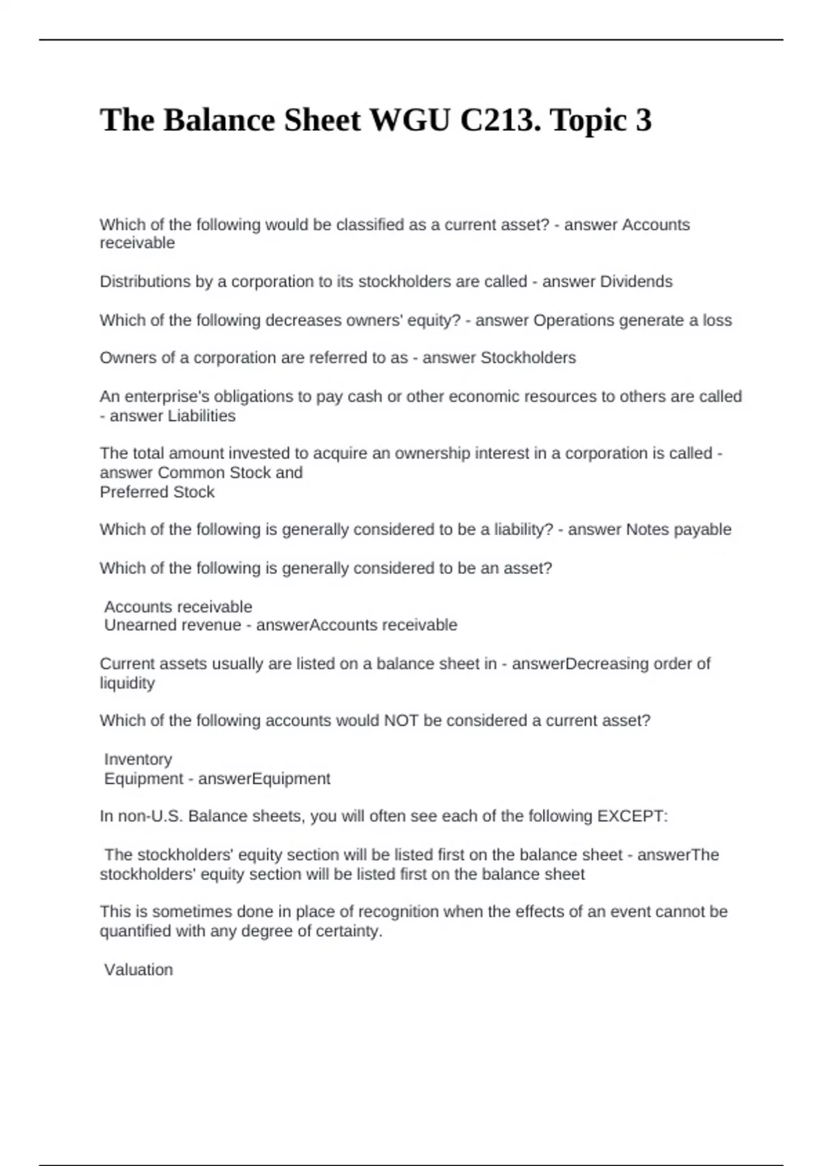 The Balance Sheet WGU C213. Topic 3 Questions with correct Answers ...