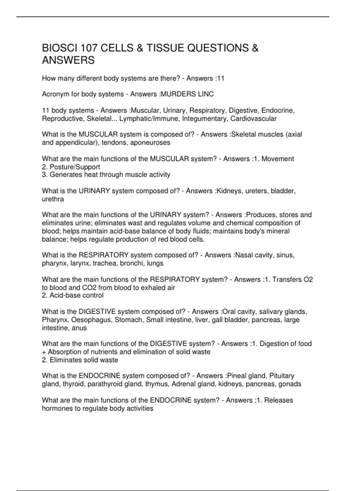 BIOSCI 107 CELLS & TISSUE QUESTIONS & ANSWERS - BIOSCI 107 - Stuvia US