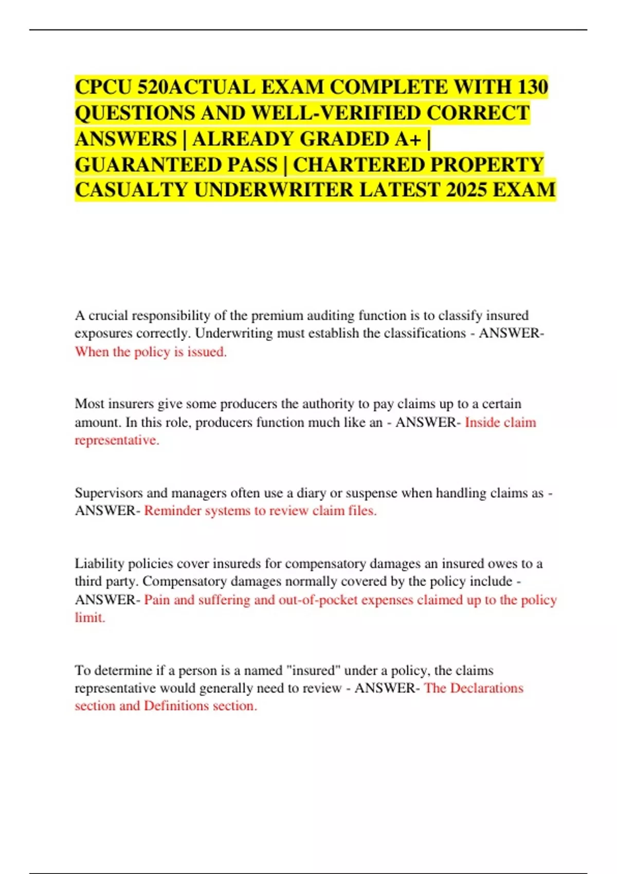CPCU 520ACTUAL EXAM COMPLETE WITH 130 QUESTIONS AND WELL-VERIFIED ...