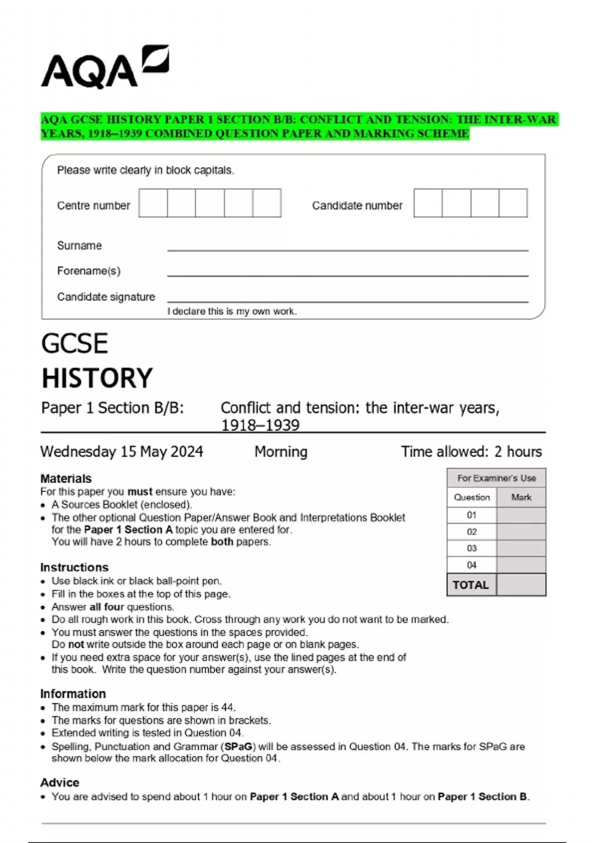 AQA GCSE HISTORY PAPER 1 SECTION B/B: CONFLICT AND TENSION: THE INTER-WAR YEARS, 1918–1939 ...
