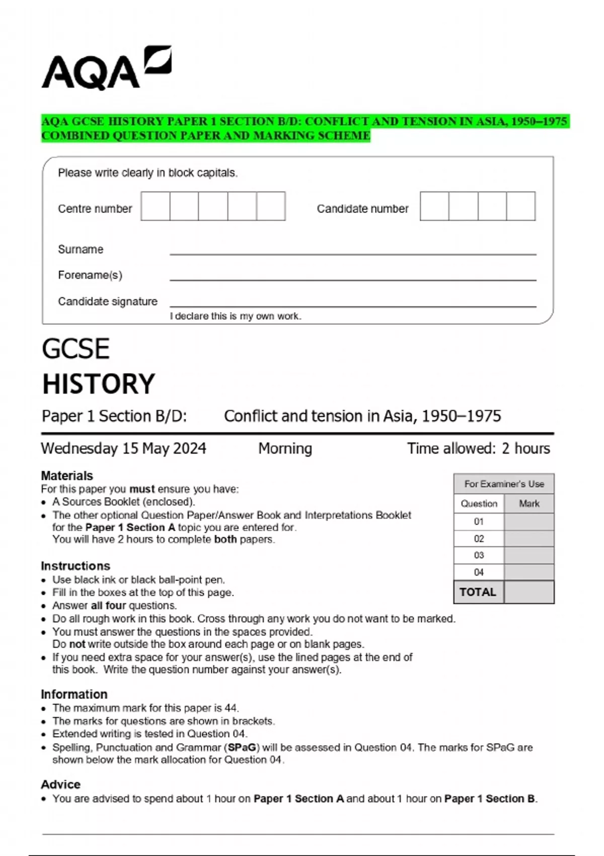 AQA GCSE HISTORY PAPER 1 SECTION B/D: CONFLICT AND TENSION IN ASIA ...