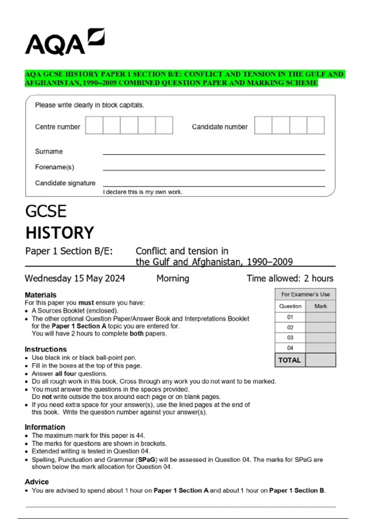 AQA GCSE HISTORY PAPER 1 SECTION B/E: CONFLICT AND TENSION IN THE GULF ...