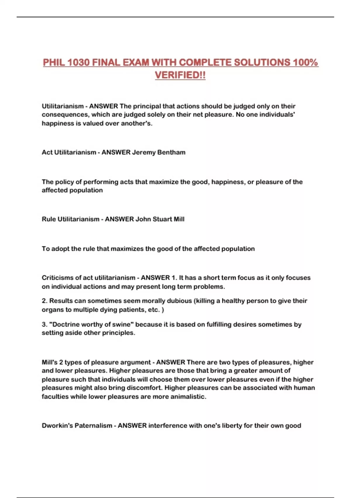 PHIL 1030 FINAL EXAM WITH COMPLETE SOLUTIONS 100% VERIFIED!! - PHIL 1030 - Stuvia US