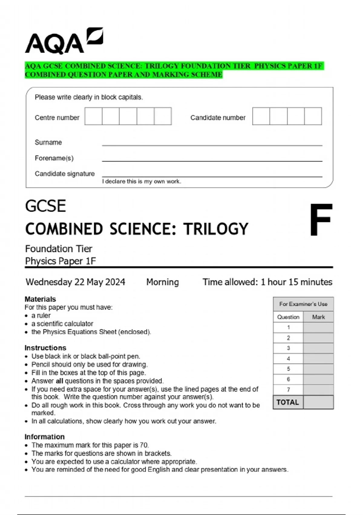 AQA GCSE COMBINED SCIENCE: TRILOGY FOUNDATION TIER PHYSICS PAPER 1F ...