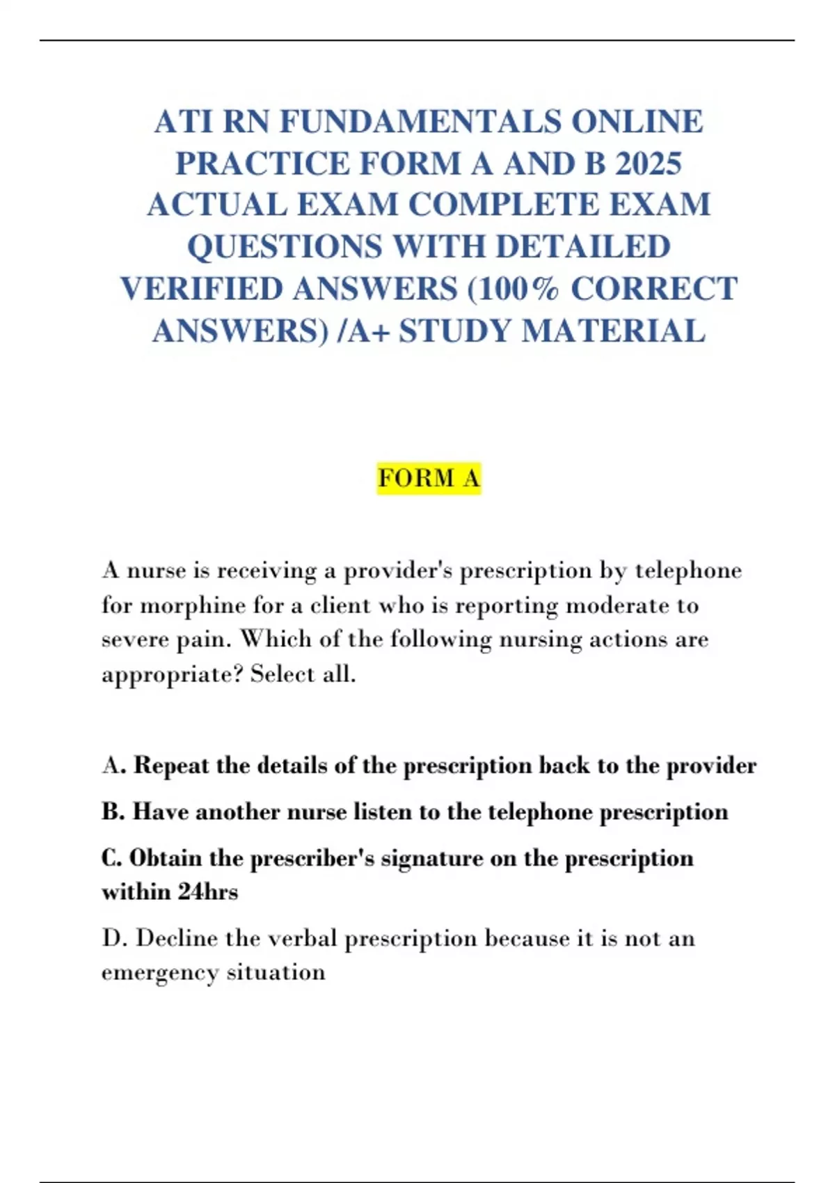 ATI RN FUNDAMENTALS ONLINE PRACTICE FORM A AND B 2025 ACTUAL EXAM ...