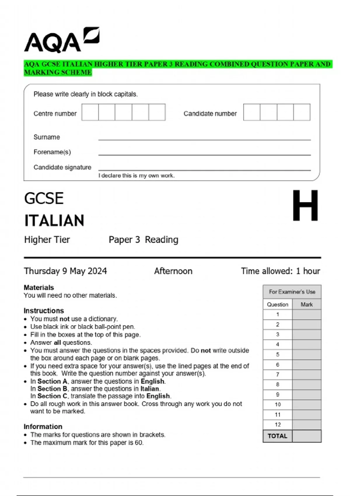 AQA GCSE ITALIAN HIGHER TIER PAPER 3 READING COMBINED QUESTION PAPER ...