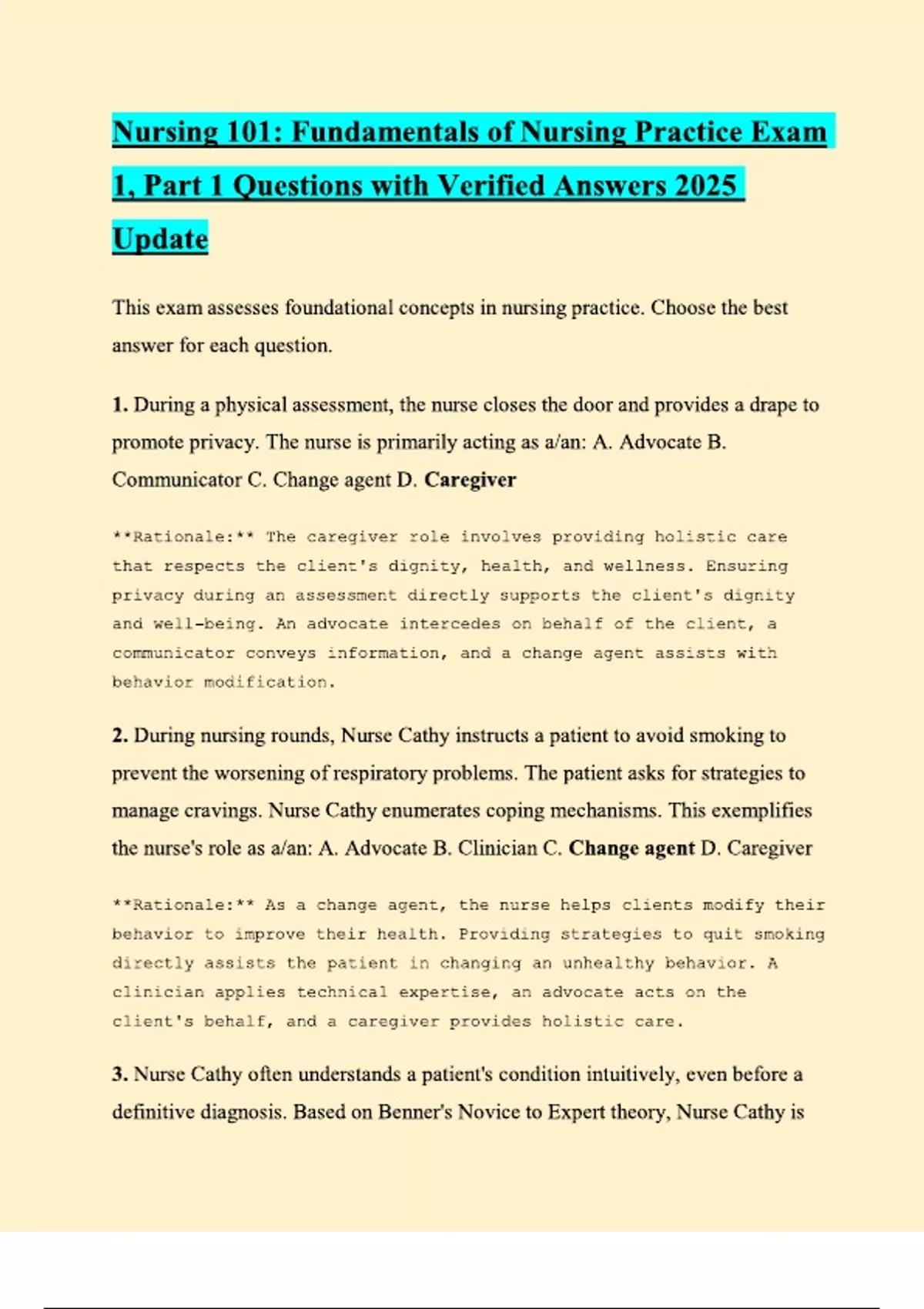 Nursing 101 Fundamentals Of Nursing Practice Exam 1 Part 1 Questions