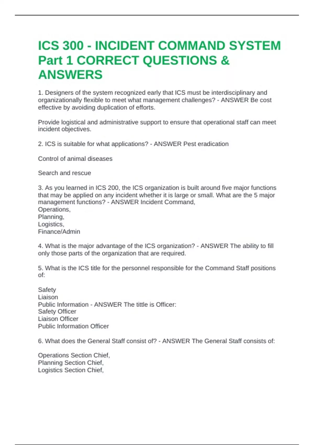 ICS 300 - INCIDENT COMMAND SYSTEM Part 1 CORRECT QUESTIONS & ANSWERS ...
