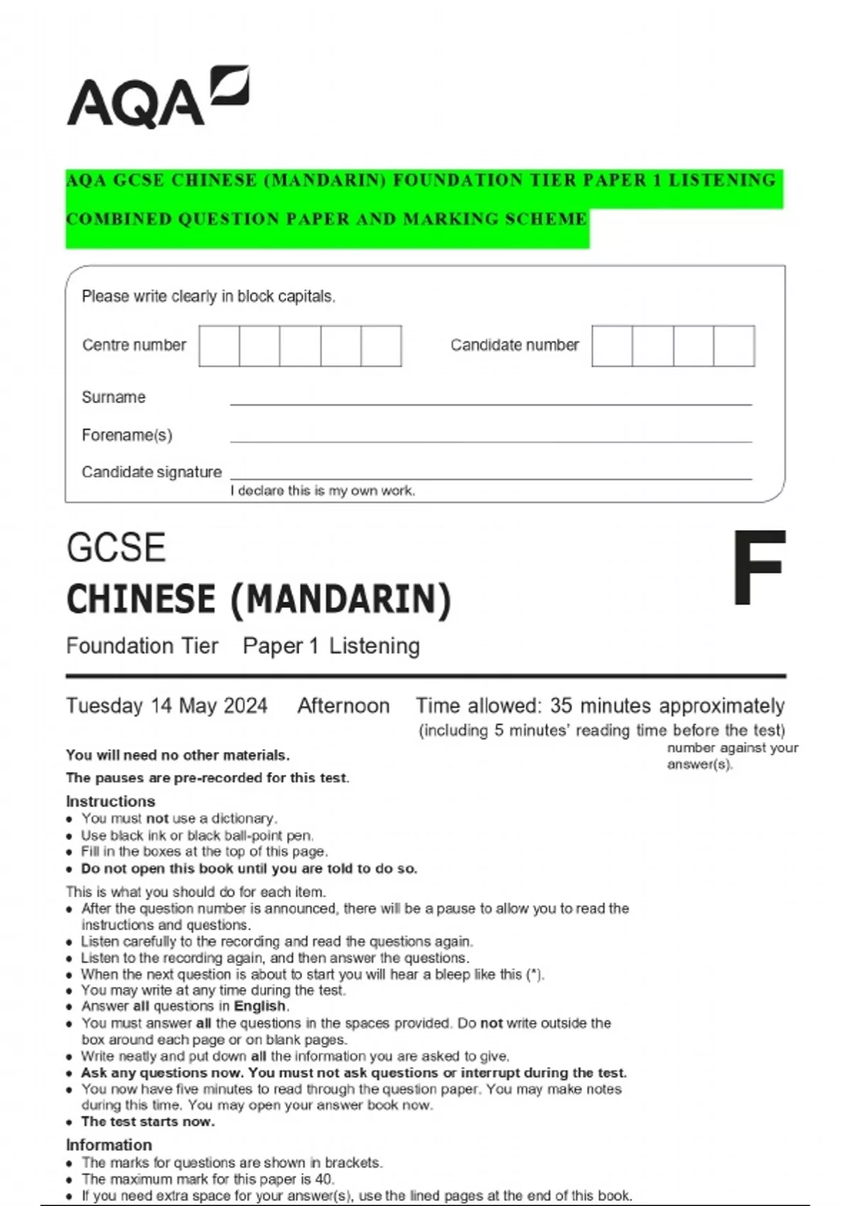 AQA GCSE CHINESE (MANDARIN) FOUNDATION TIER PAPER 1 LISTENING COMBINED ...