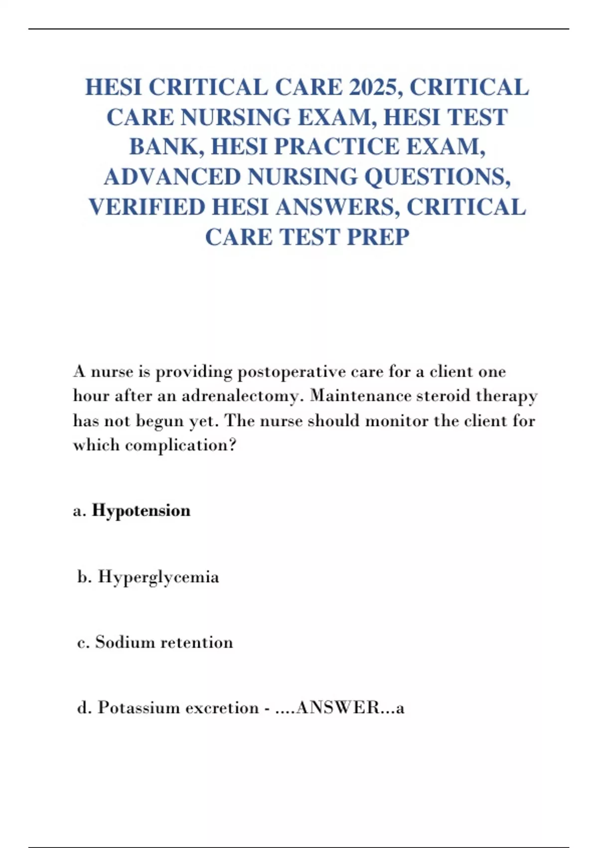 HESI CRITICAL CARE 2025, CRITICAL CARE NURSING EXAM, HESI TEST BANK ...