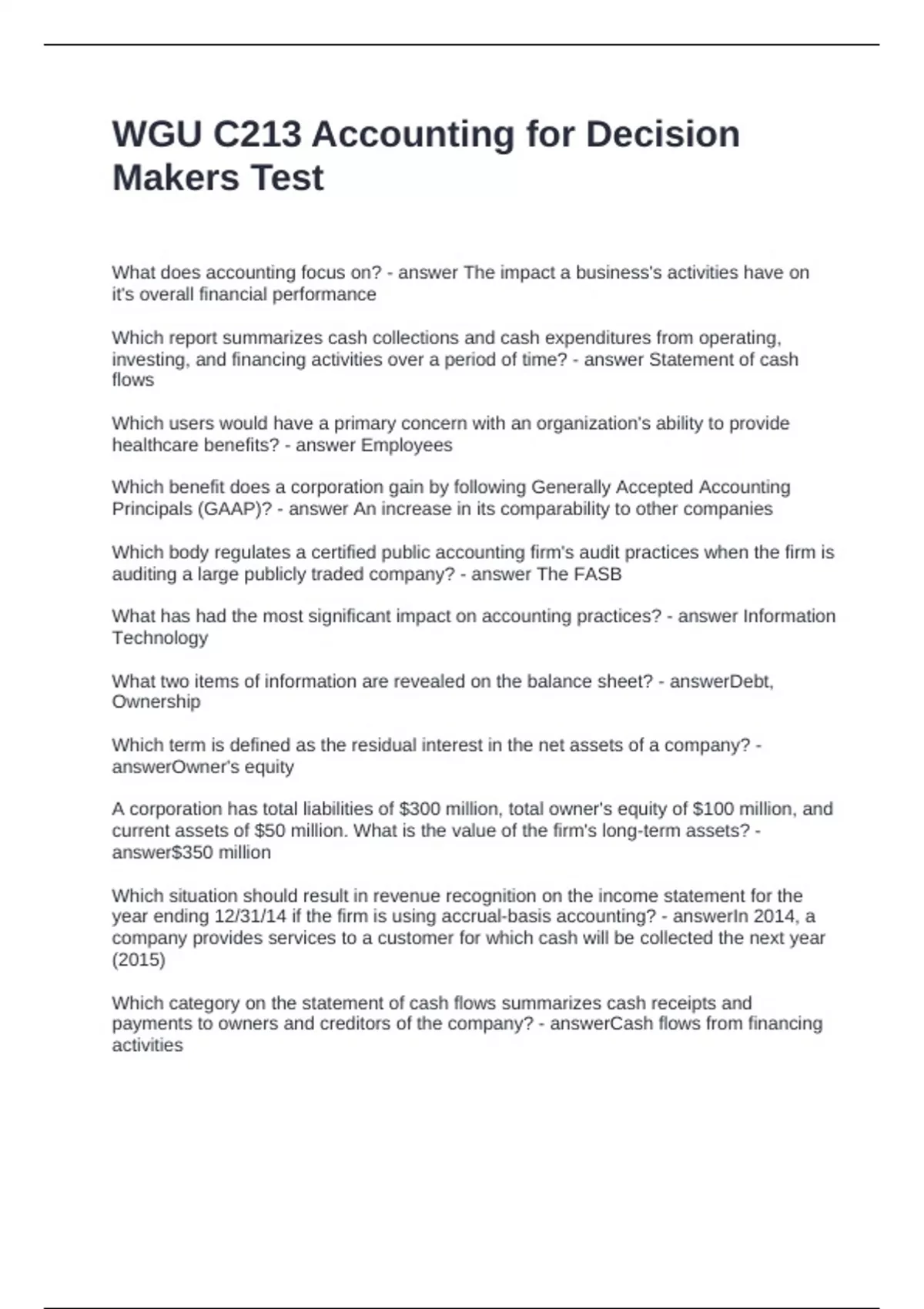 WGU C213 Accounting for Decision Makers Test Questions with Correct ...