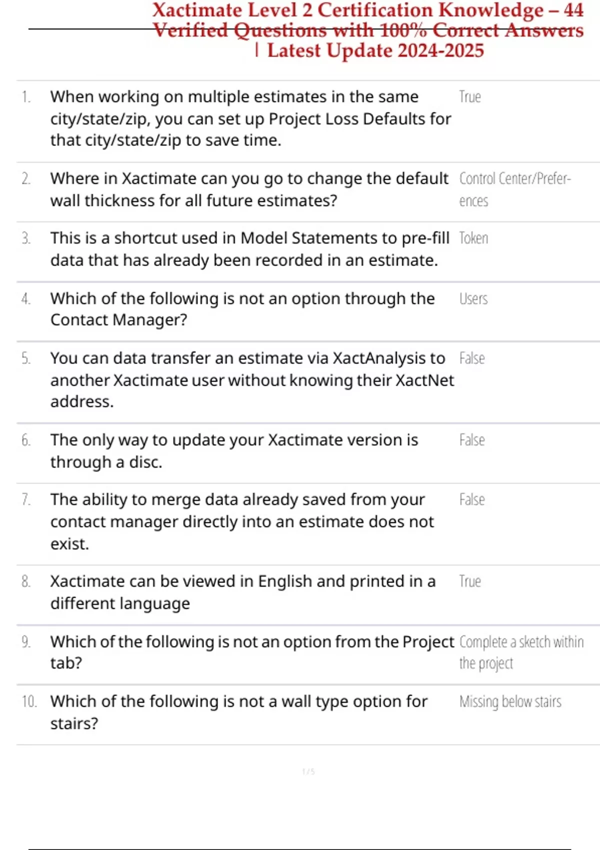 Xactimate Level 2 Certification Knowledge – 44 Verified Questions with 100% Correct Answers ...