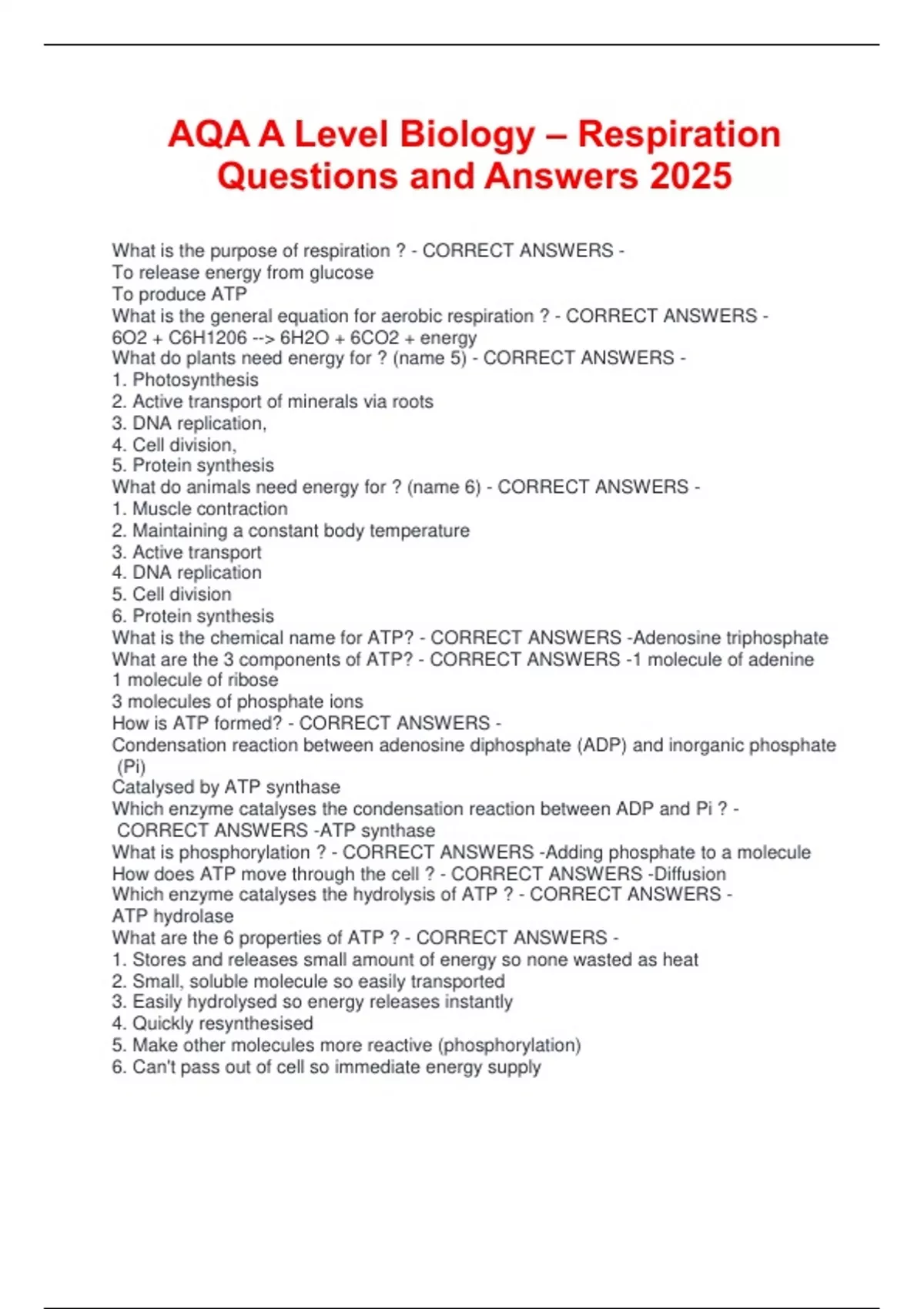 AQA A Level Biology – Respiration Questions and Answers 2025 - AQA AS ...
