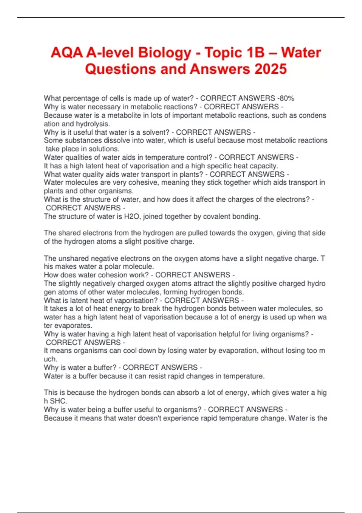 AQA A-level Biology - Topic 1B – Water Questions and Answers 2025 - AQA AS LEVEL/ AQA A LEVEL ...