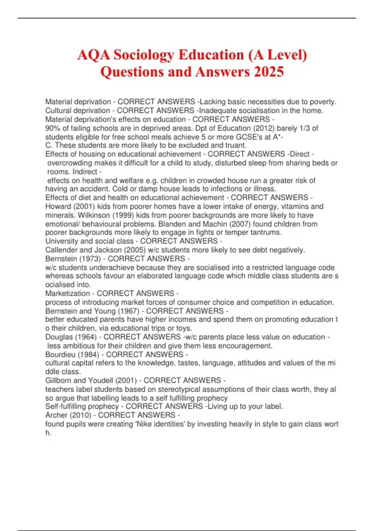 AQA Sociology Education (A Level) Questions and Answers 2025 - AQA AS ...