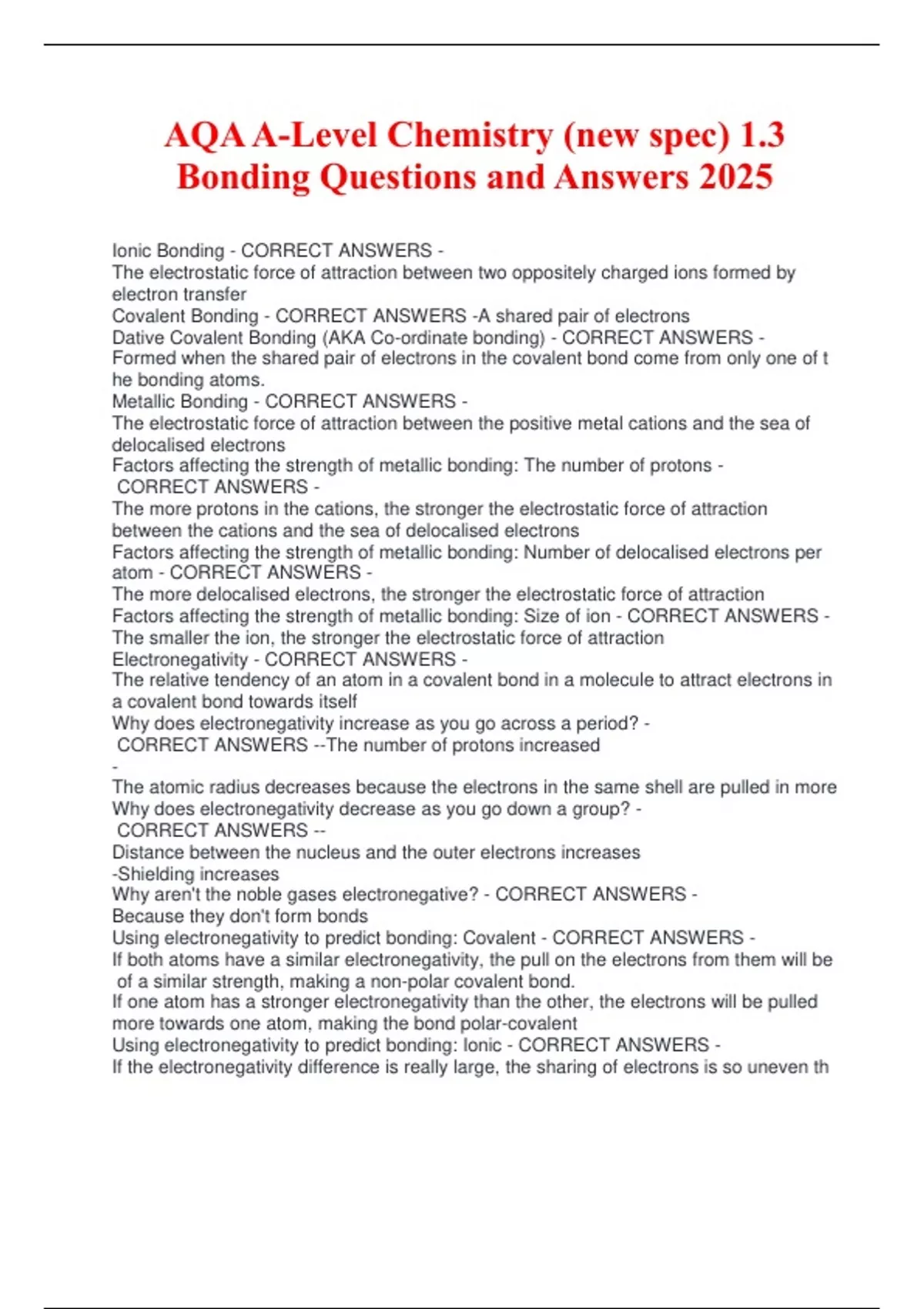 AQA A-Level Chemistry (new spec) 1.3 Bonding Questions and Answers 2025 ...