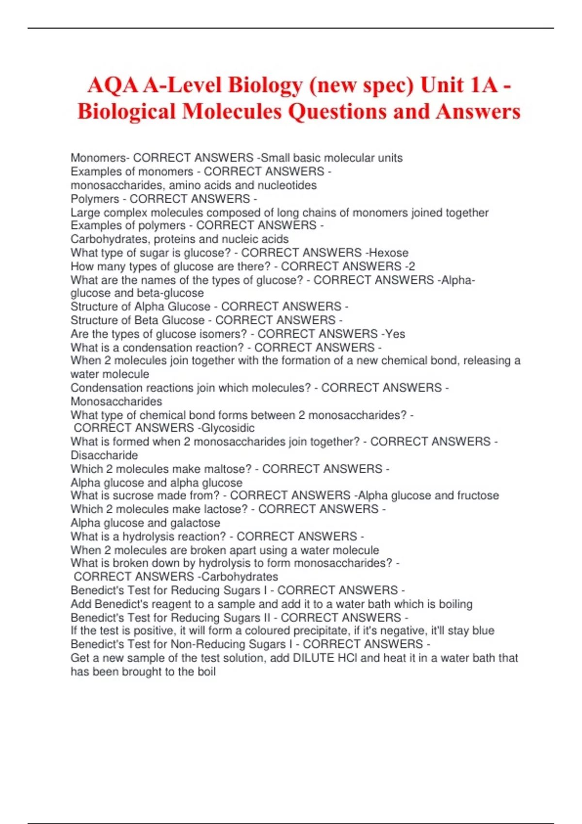 AQA A-Level Biology (new spec) Unit 1A - Biological Molecules Questions ...