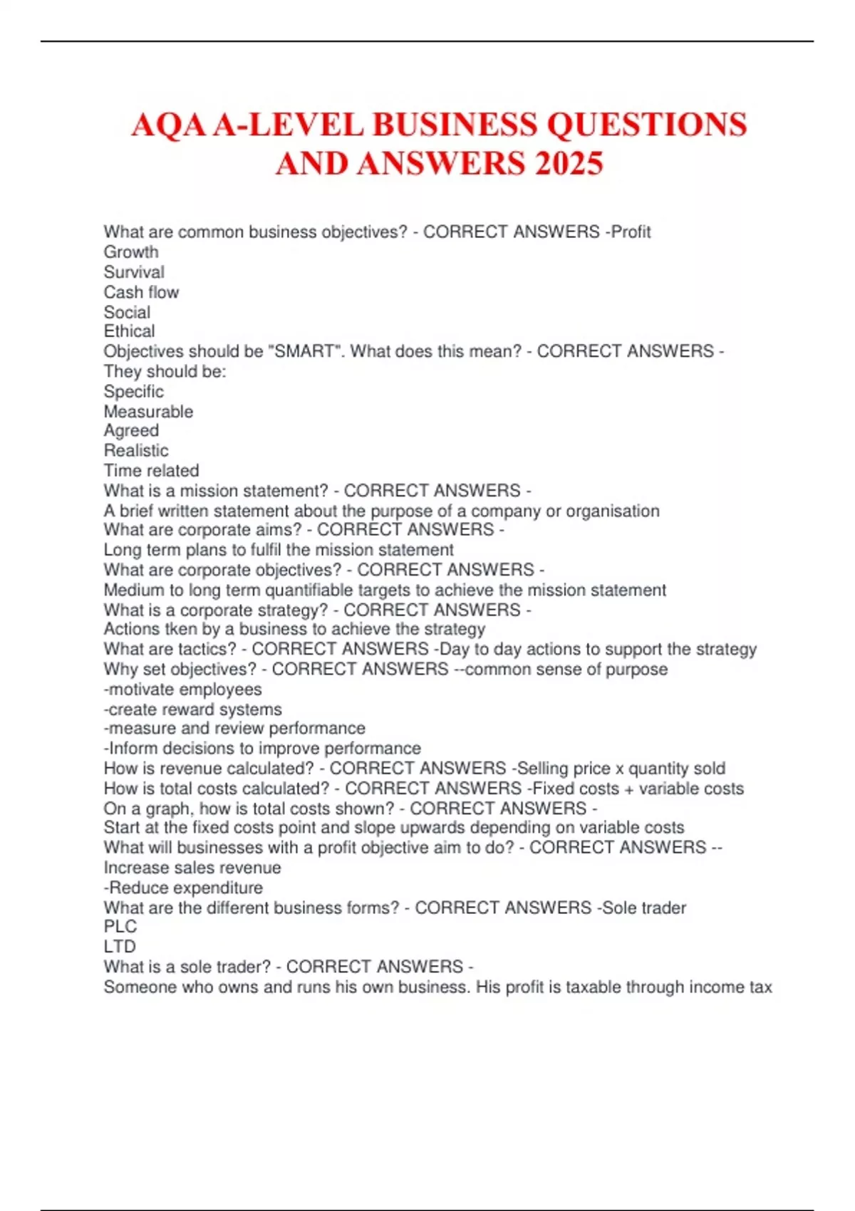 AQA A-LEVEL BUSINESS QUESTIONS AND ANSWERS 2025 - AQA AS LEVEL/ AQA A ...