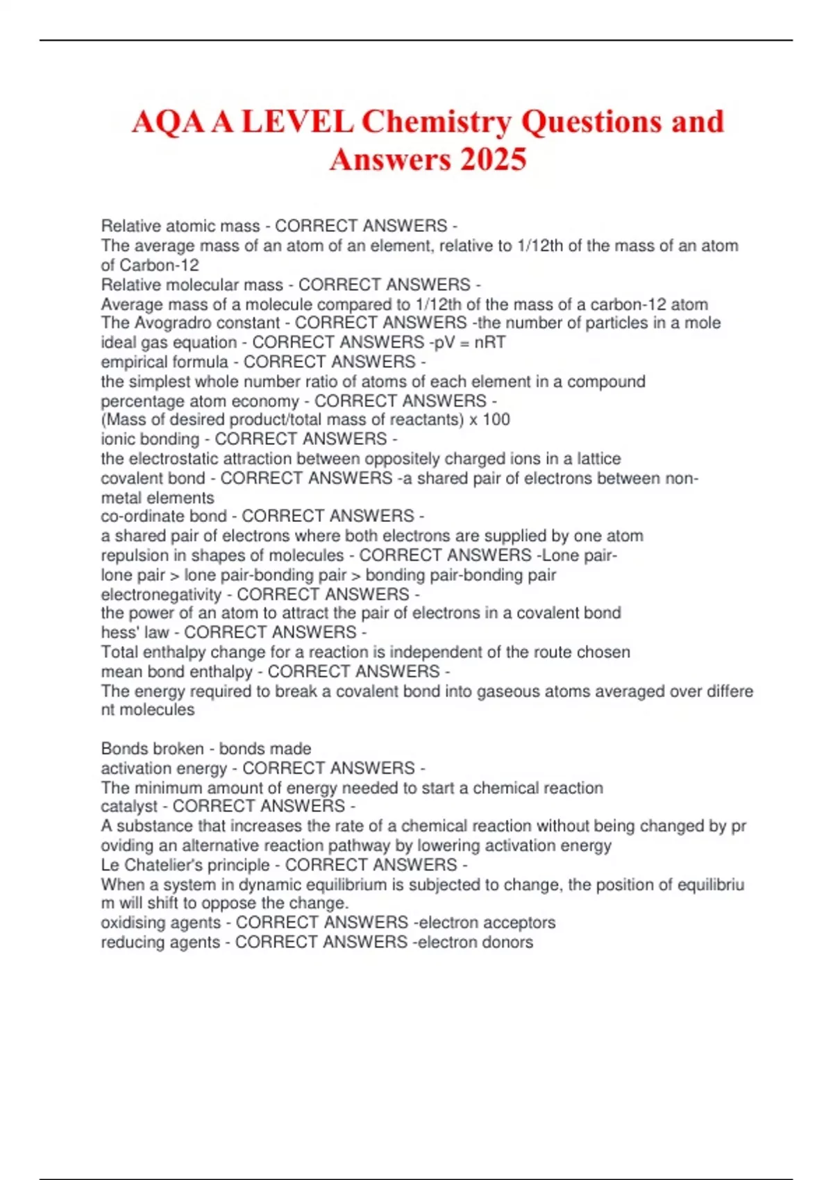 AQA A LEVEL Chemistry Questions and Answers 2025 - AQA AS LEVEL/ AQA A ...