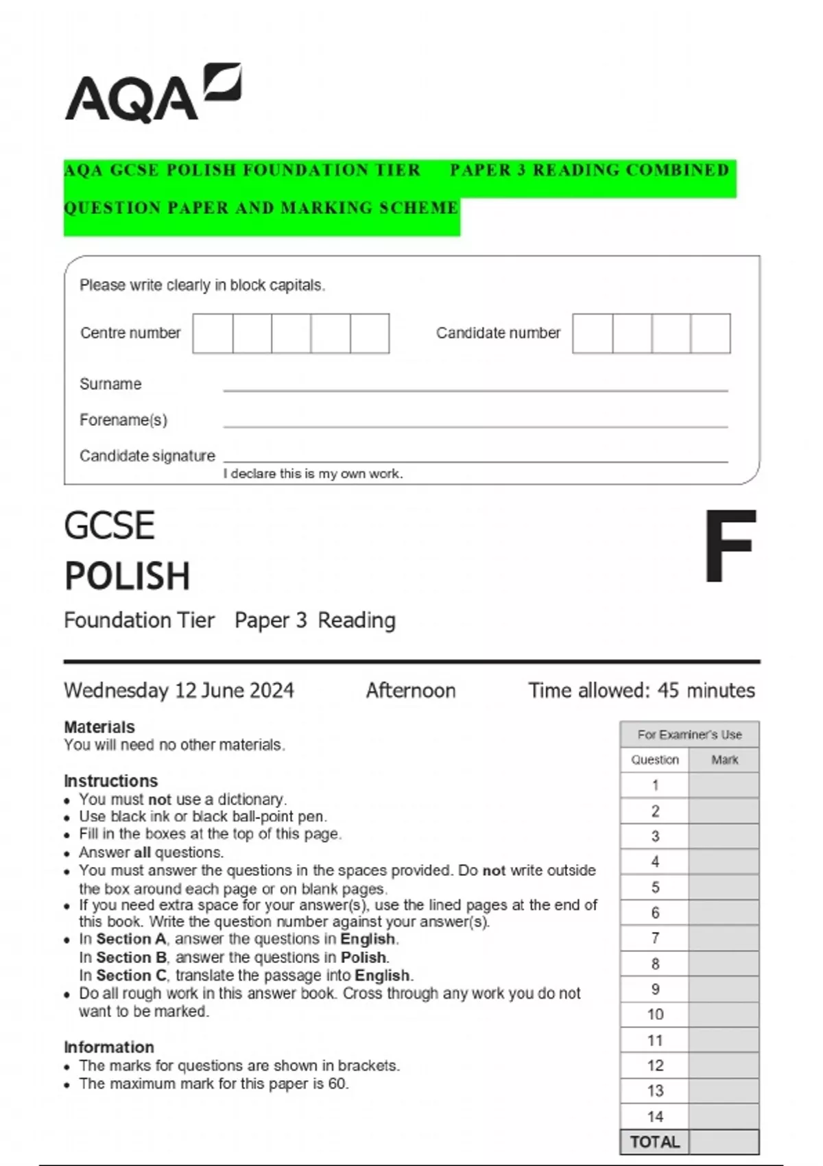 AQA GCSE POLISH FOUNDATION TIER PAPER 3 READING COMBINED QUESTION PAPER ...