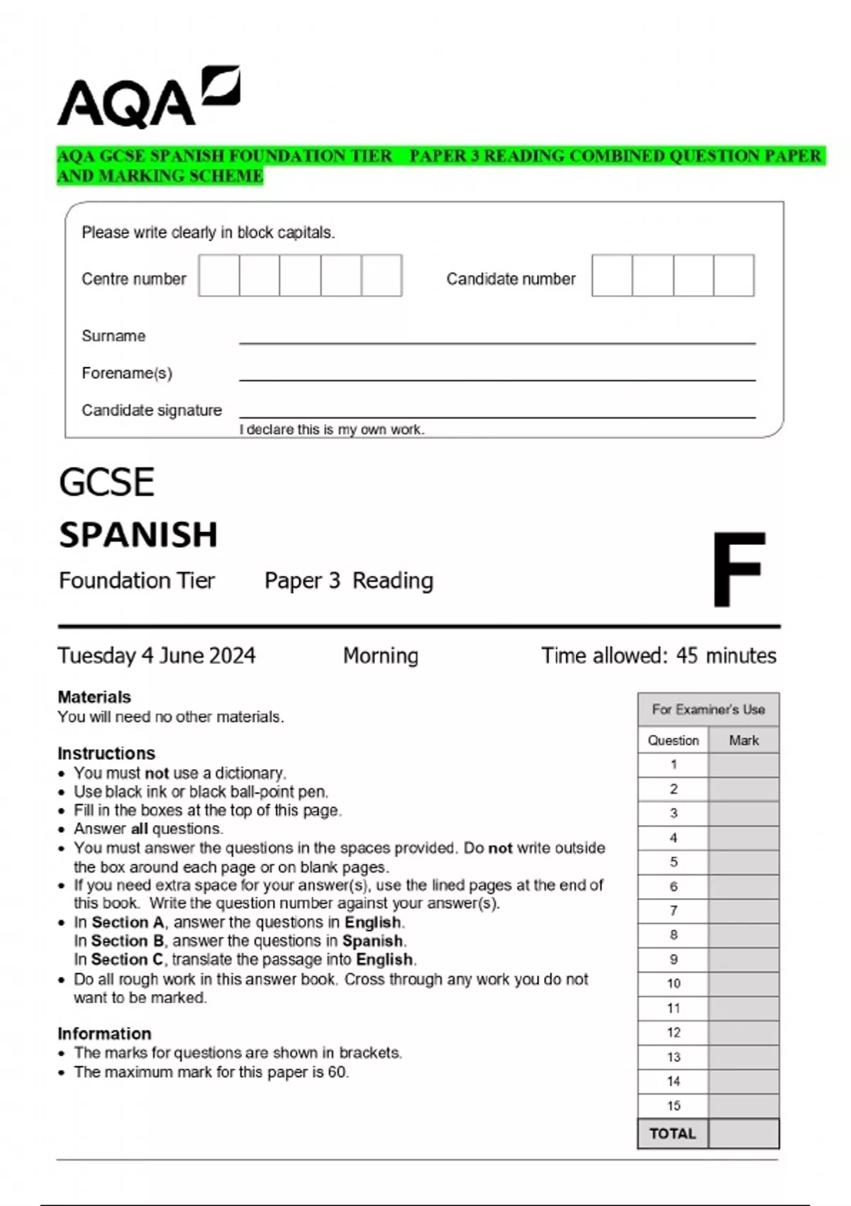AQA GCSE SPANISH FOUNDATION TIER PAPER 3 READING COMBINED QUESTION ...