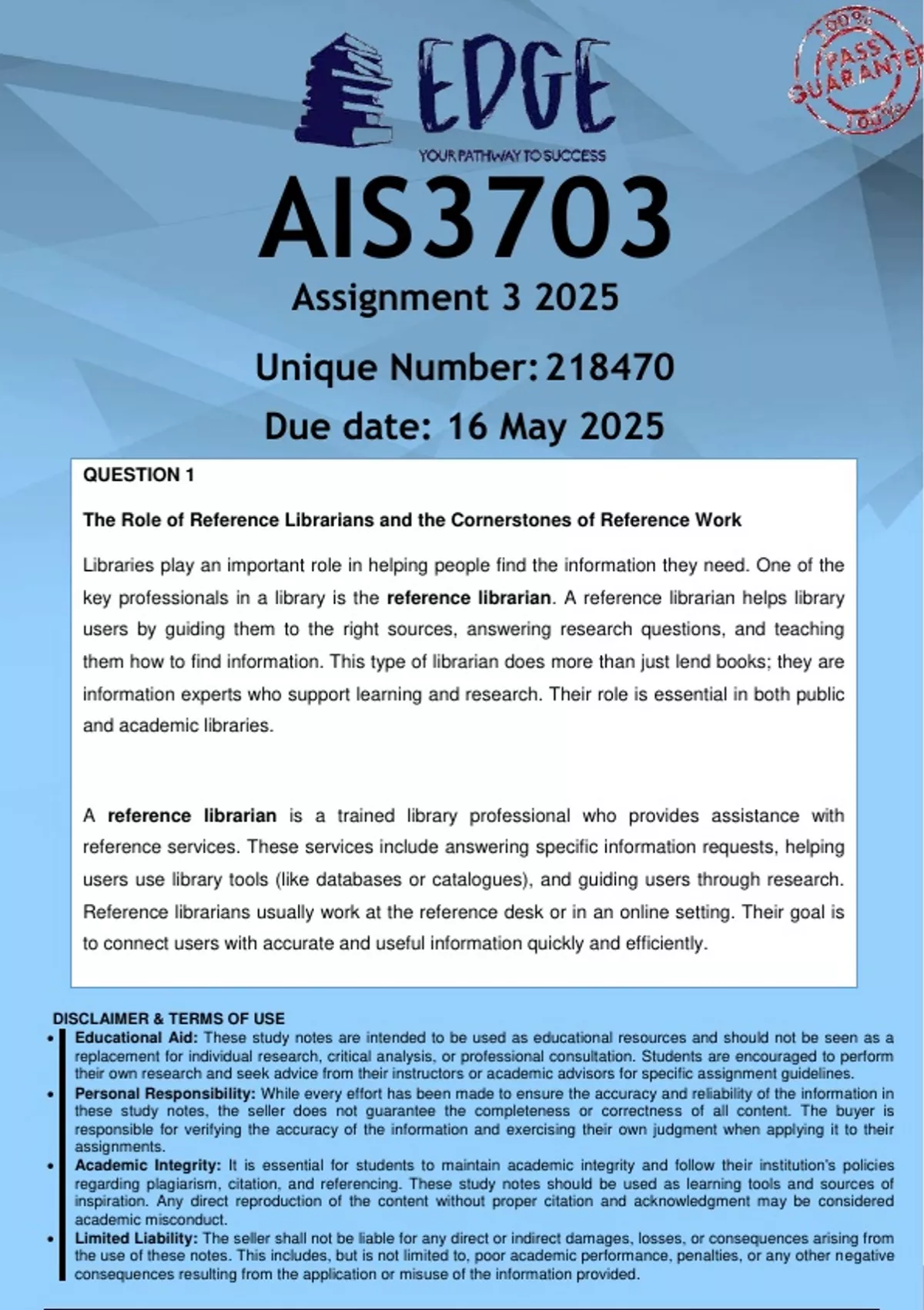 AIS3703 Assignment 3 (ANSWERS) Semester 1 2025 - DISTINCTION GUARANTEED - Serving the user in ...